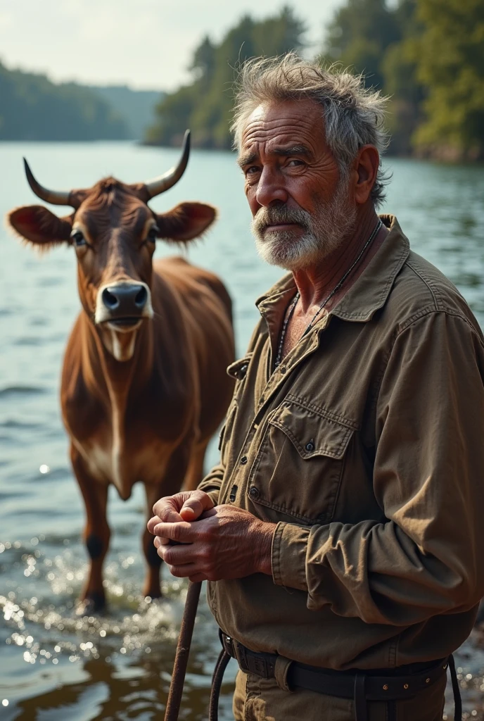 The cow now safe on the shore, the owner pointing at the camera with ...