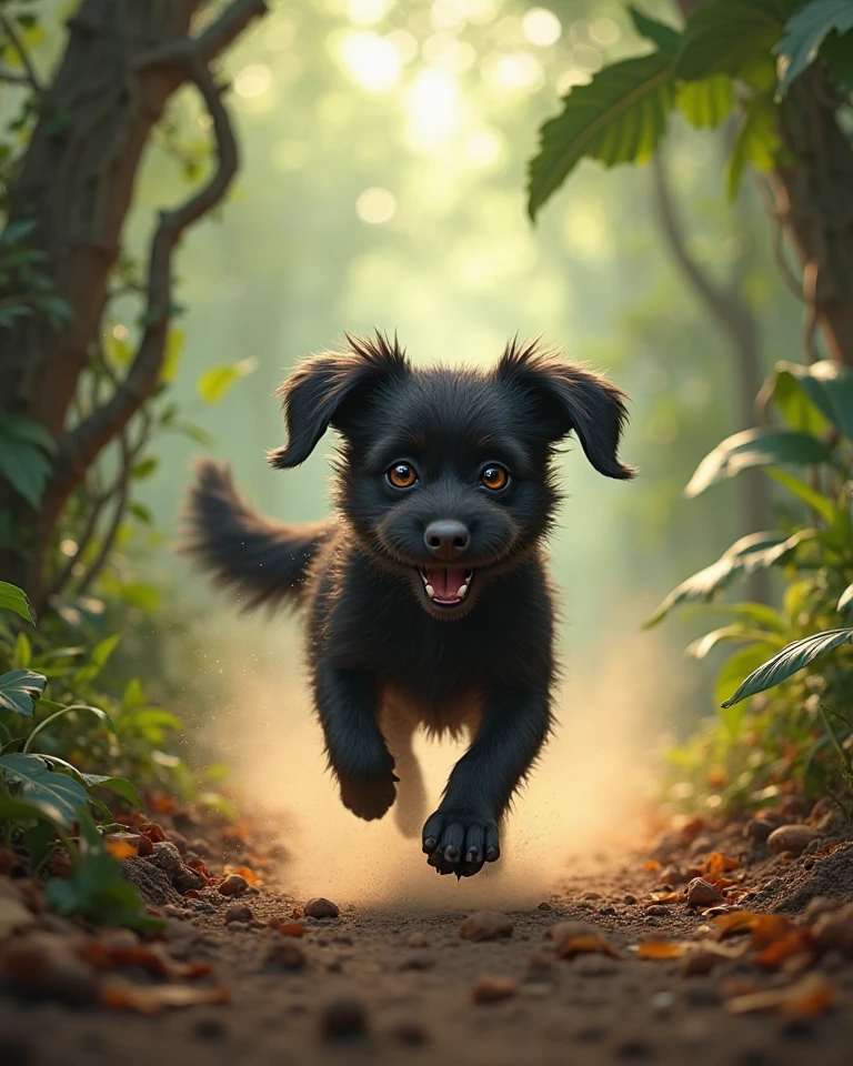 Jorky, the smart little black dog, is running at full speed through a ...