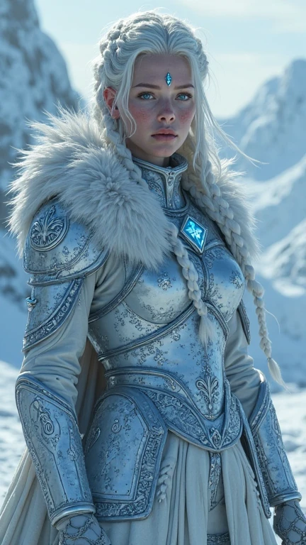 A cinematic digital artwork featuring a resilient, female frost warrior ...