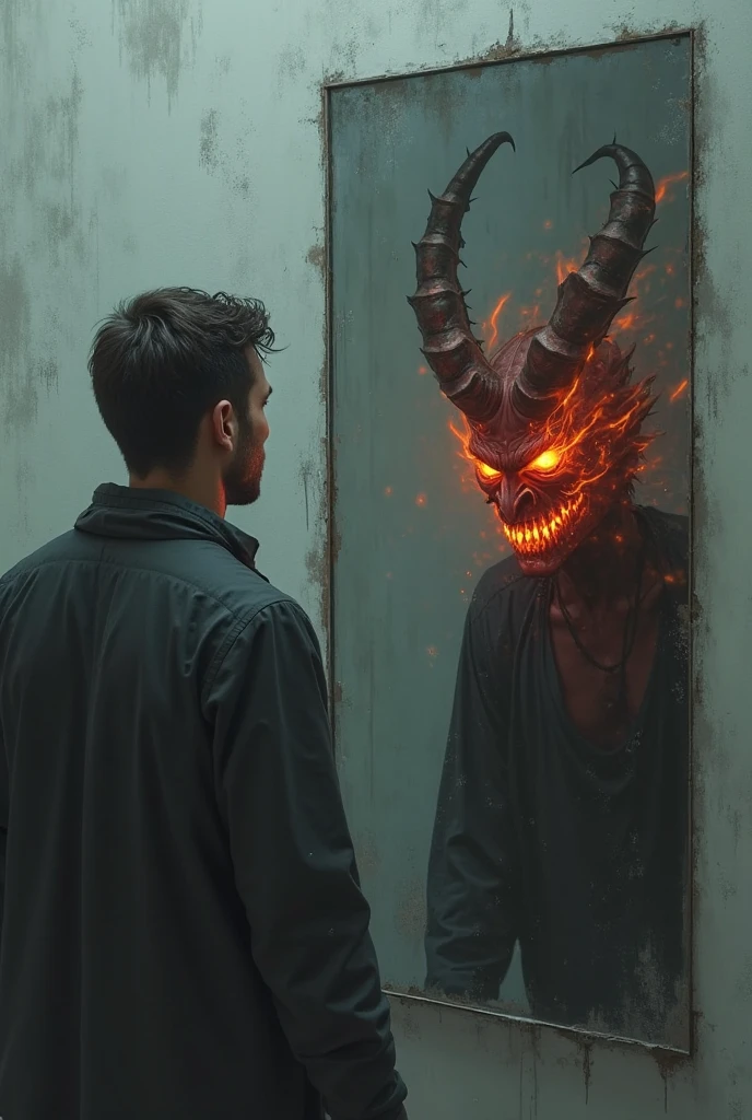 Man infront of a glass,his mirror on the glass is devil ...with fire ...