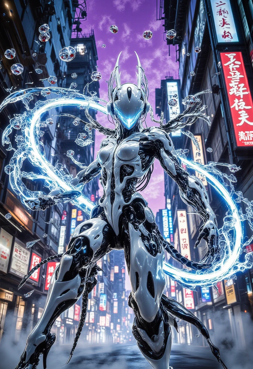 A focused female cyborg warrior in transparent armor without a face ...