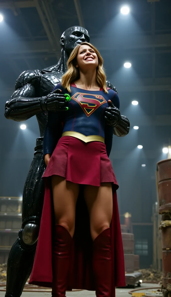 Melissa Benoist as Supergirl, (a very short skirt), both arms behind ...