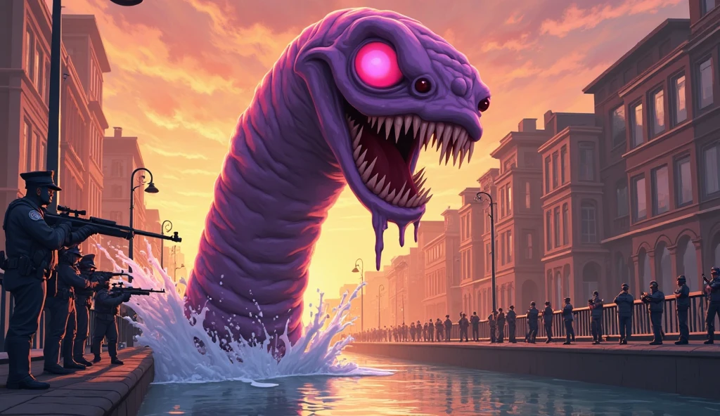 A giant, terrifying cartoon worm-like monster with slimy purple skin ...