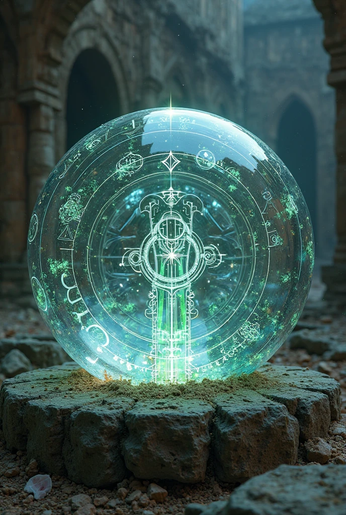 Spherical translucent glass artifact, resting in ancient ruin - SeaArt AI