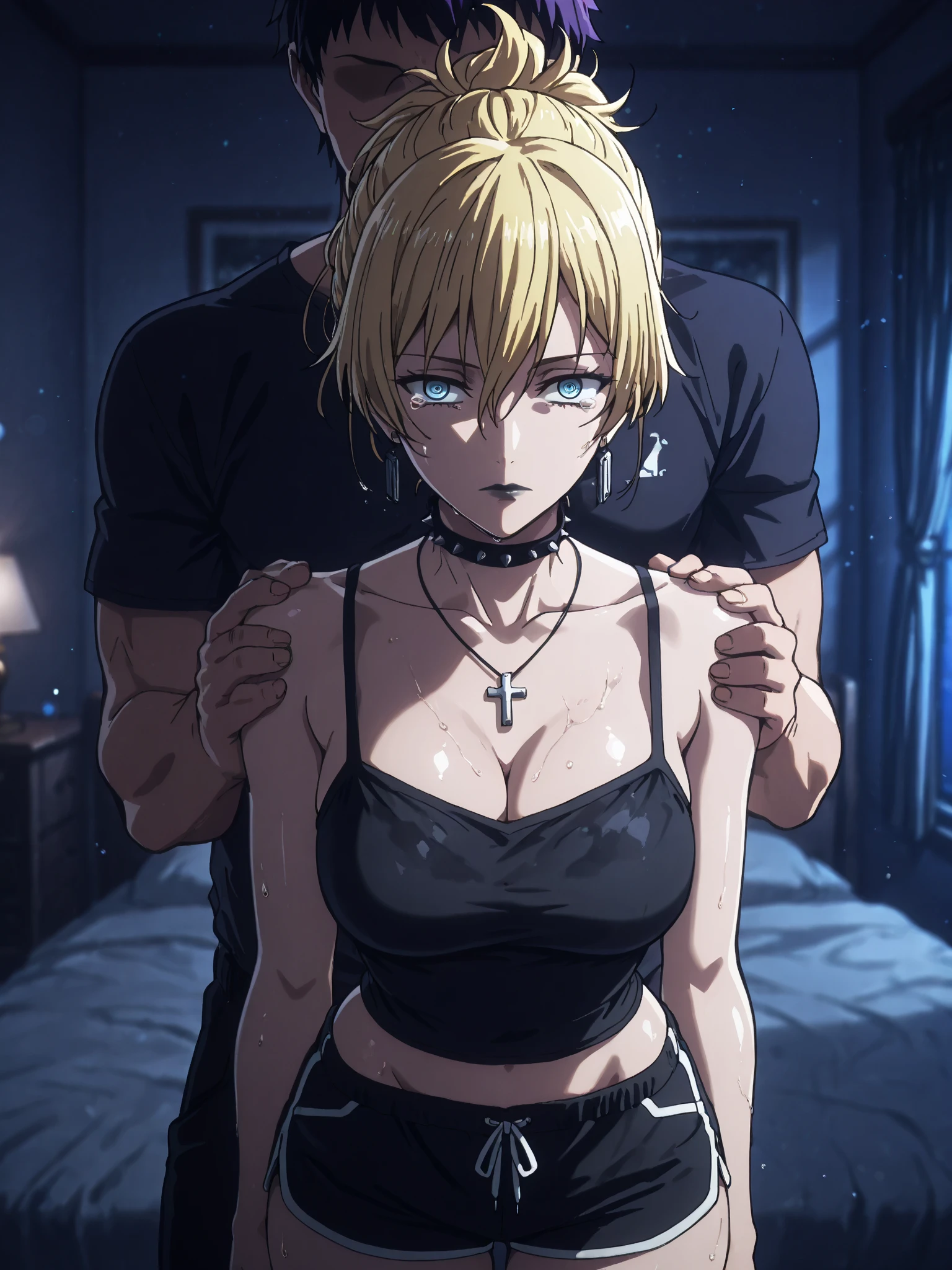 (( Hotel room , Love Hotel,dark room , night, dark purple , messy room - SeaArt AI