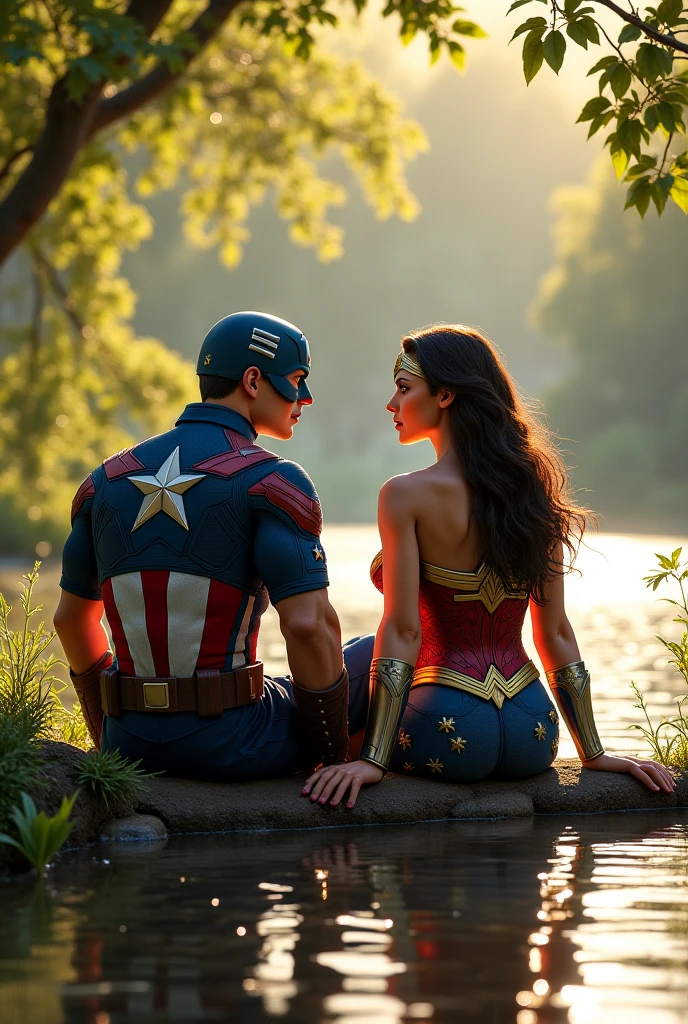 Captain America and Wonder Woman sitting together peacefully near the ...