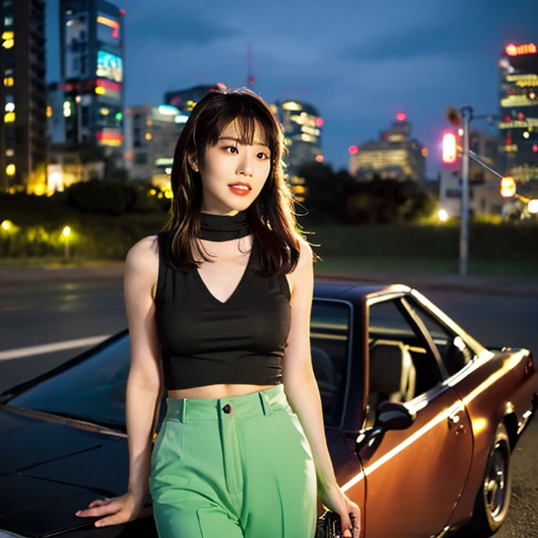 A 1970s Japanese female city pop singer in her 20s, leaning against a ...