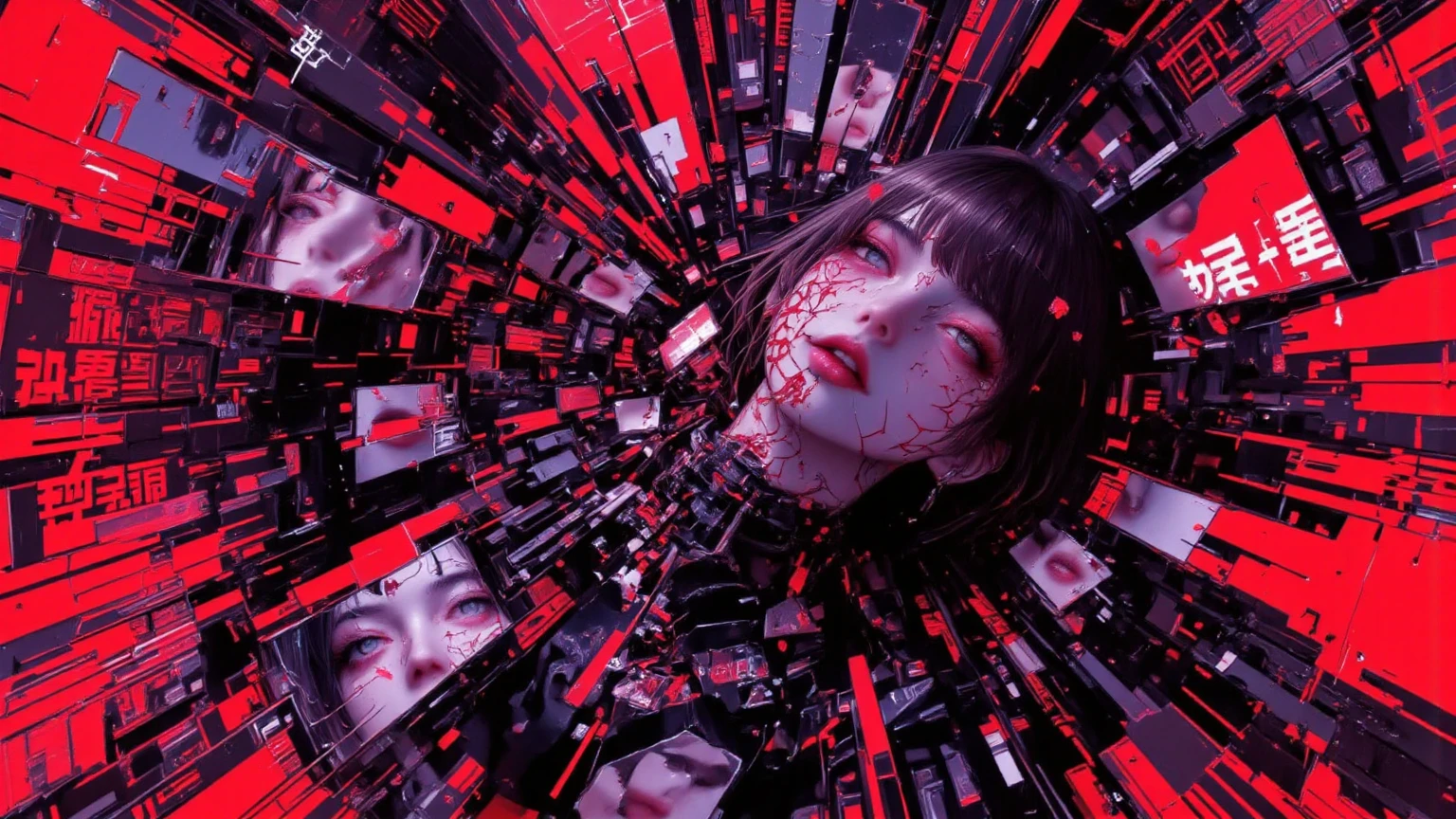 A broken cybernetic doll lying in a glitching, blood-stained digital ...