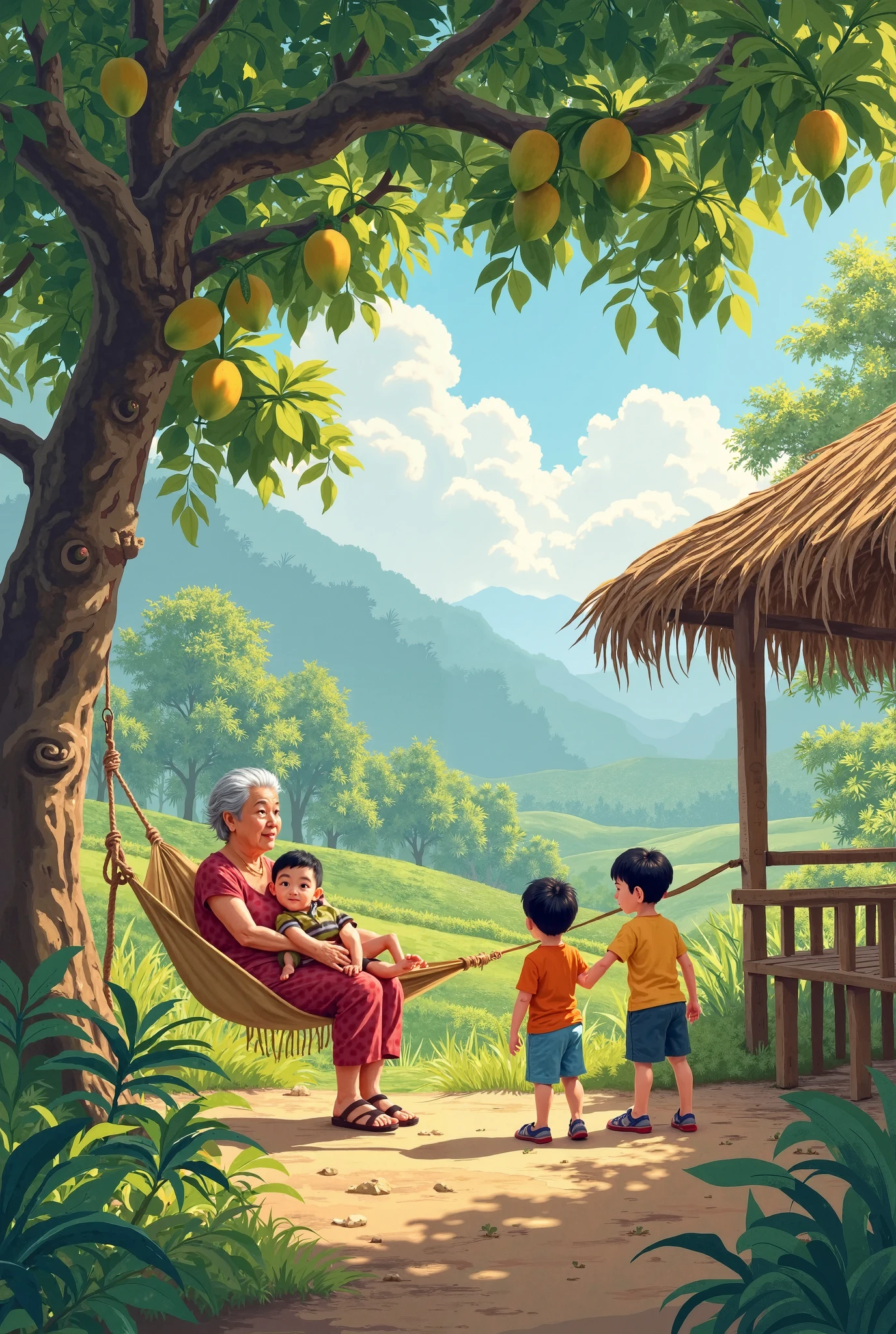 Vietnamese countryside scene. Leaf roof, row of mango trees and red ...