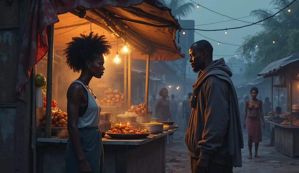 { "prompt": "In the bustling yet tense Umuola marketplace, Nneka ...