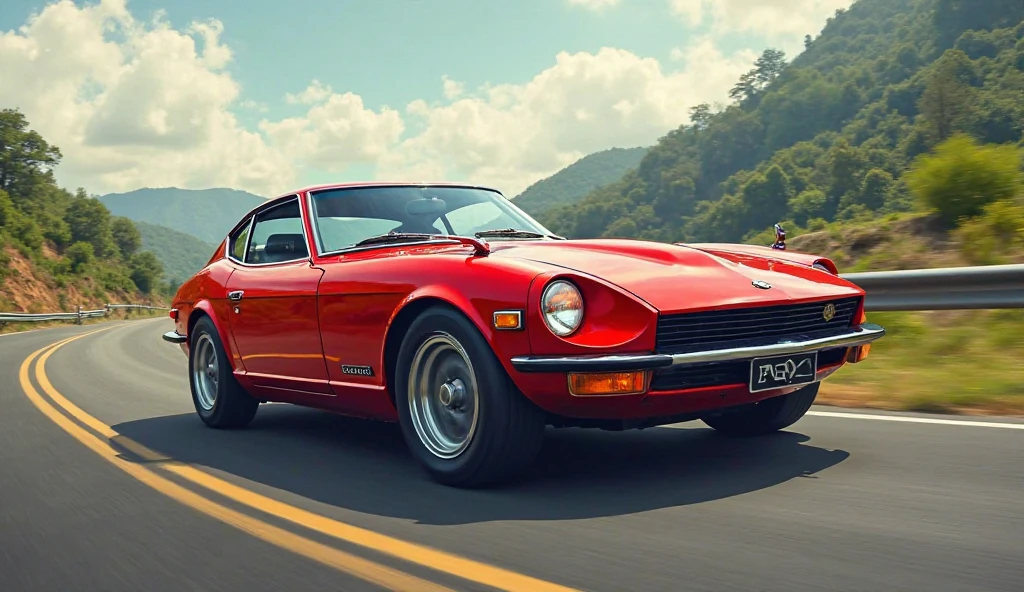 Colour red Datsun 240Z (1970 in road - SeaArt AI