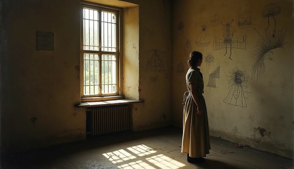 "An 18th-century asylum room with a woman staring at the wall covered ...