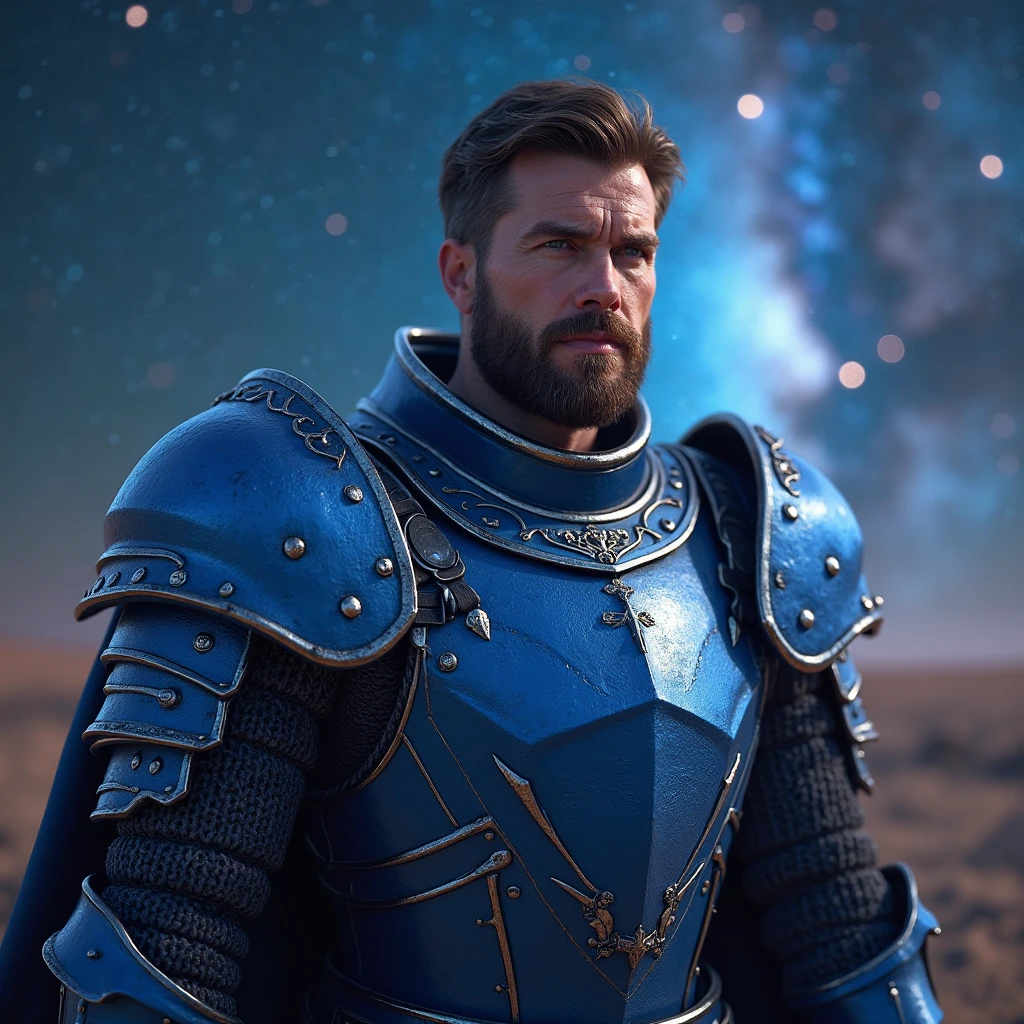 A knight in blue armor is standing in space with bright comets behind ...