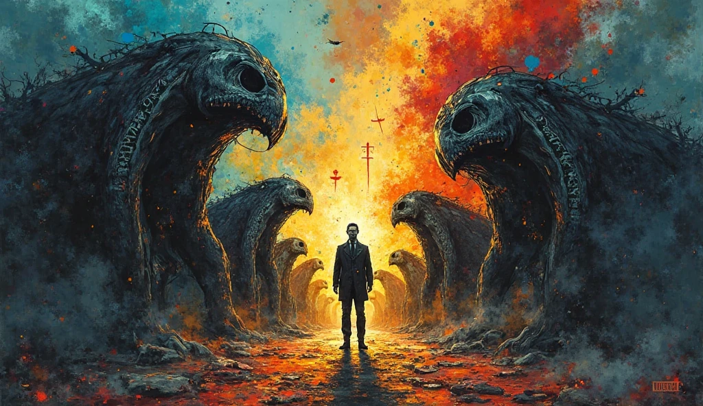 A dramatic, surreal composition where the oppressive weight of society ...