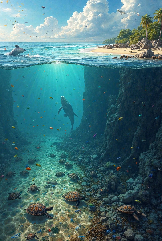 A comparison of a clean ocean vs. A polluted ocean with plastic waste ...