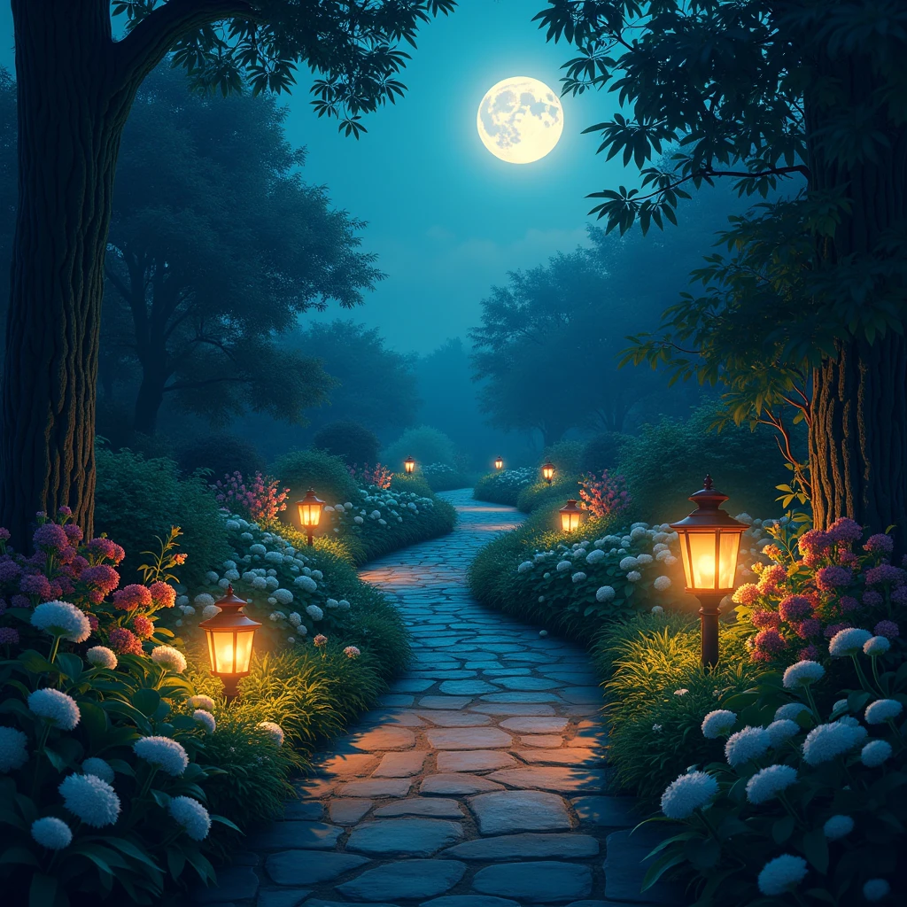 Bright garden light at night 1080 pixel height 1080 pixel width - SeaArt AI