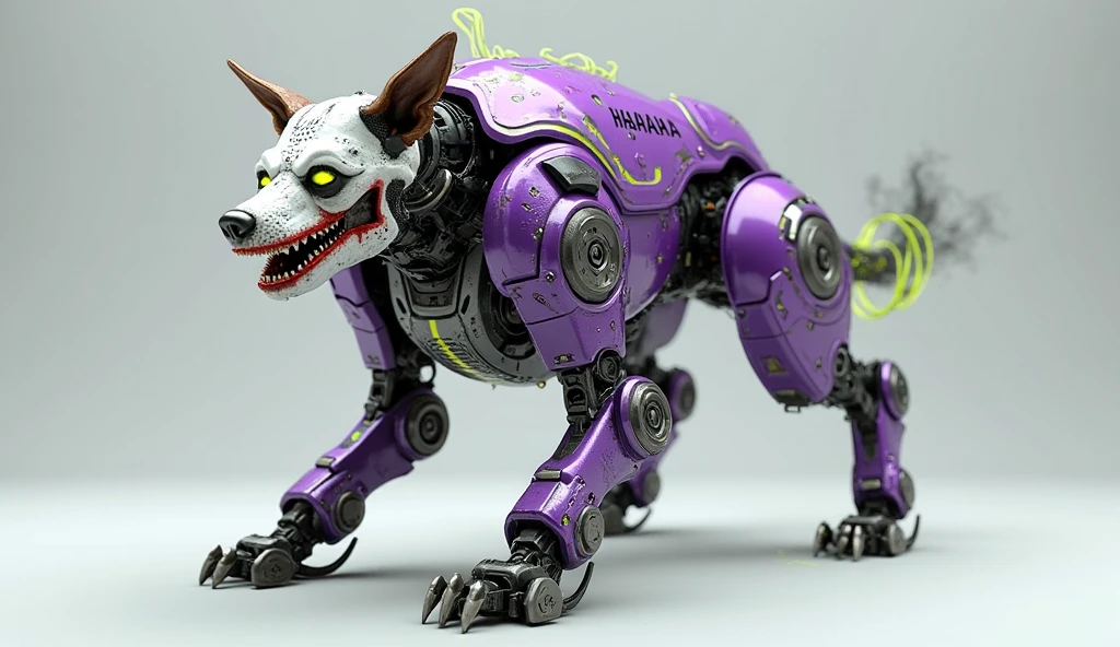 "futuristic dog-robot inspired by the Joker, seen from the front in a 4 ...