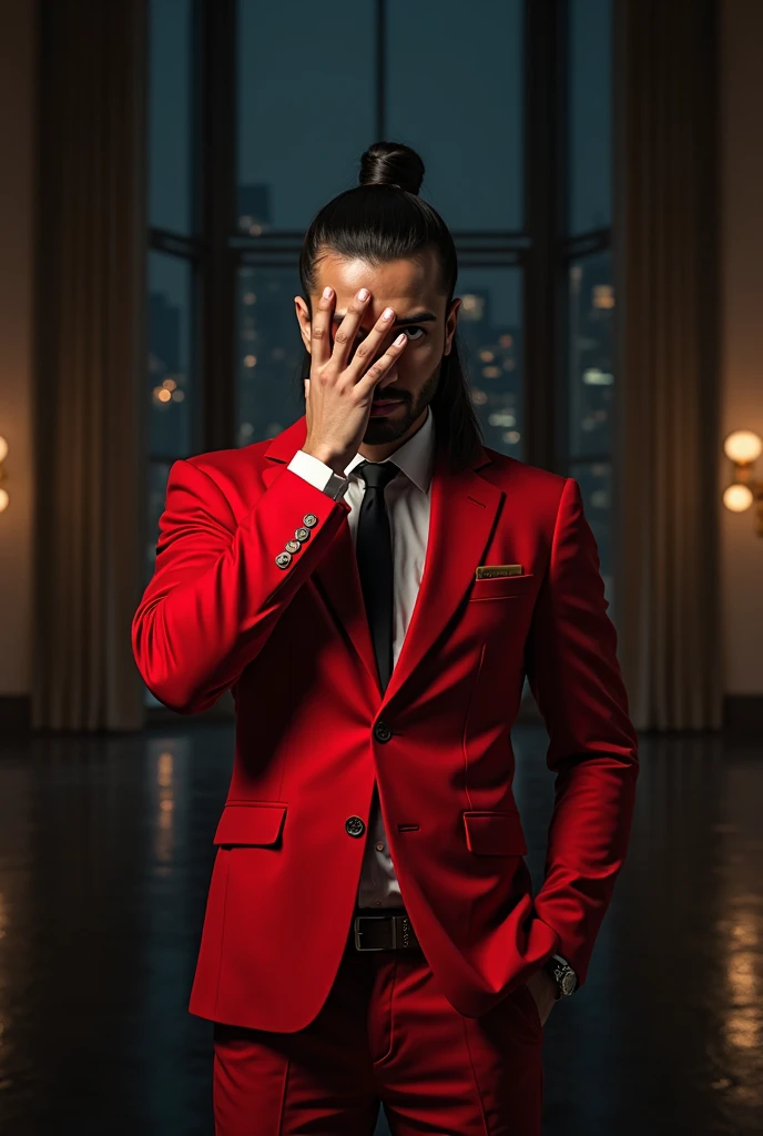Men wear red sut. sitting on sofa like a boss.long tie up hair - SeaArt AI