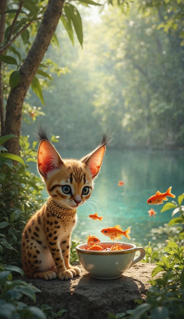Serval is a kitten with a golden collar against the background of a ...