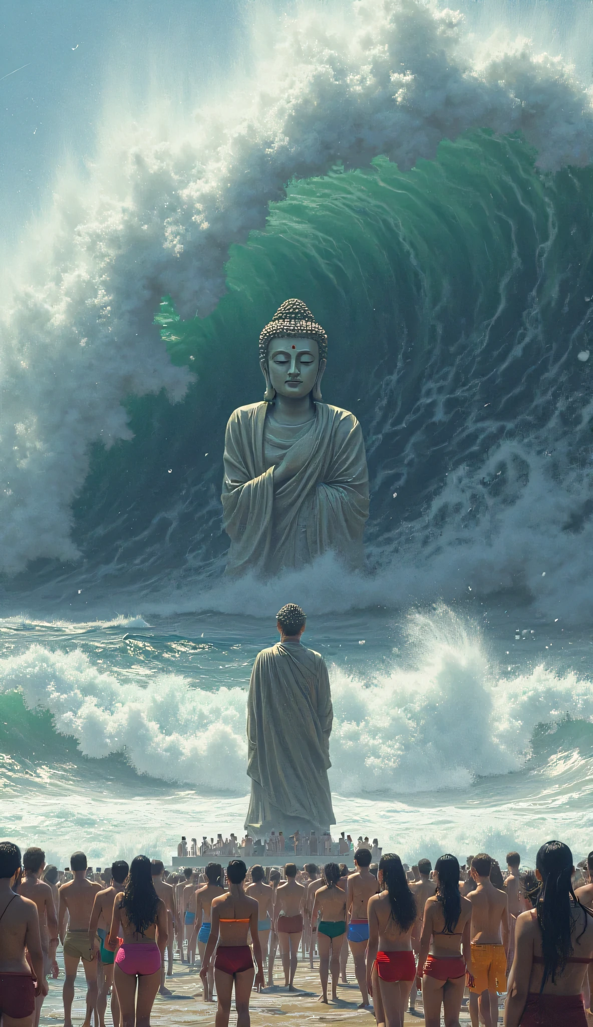 There are 10-meter high waves heading towards the shore. There is a ...