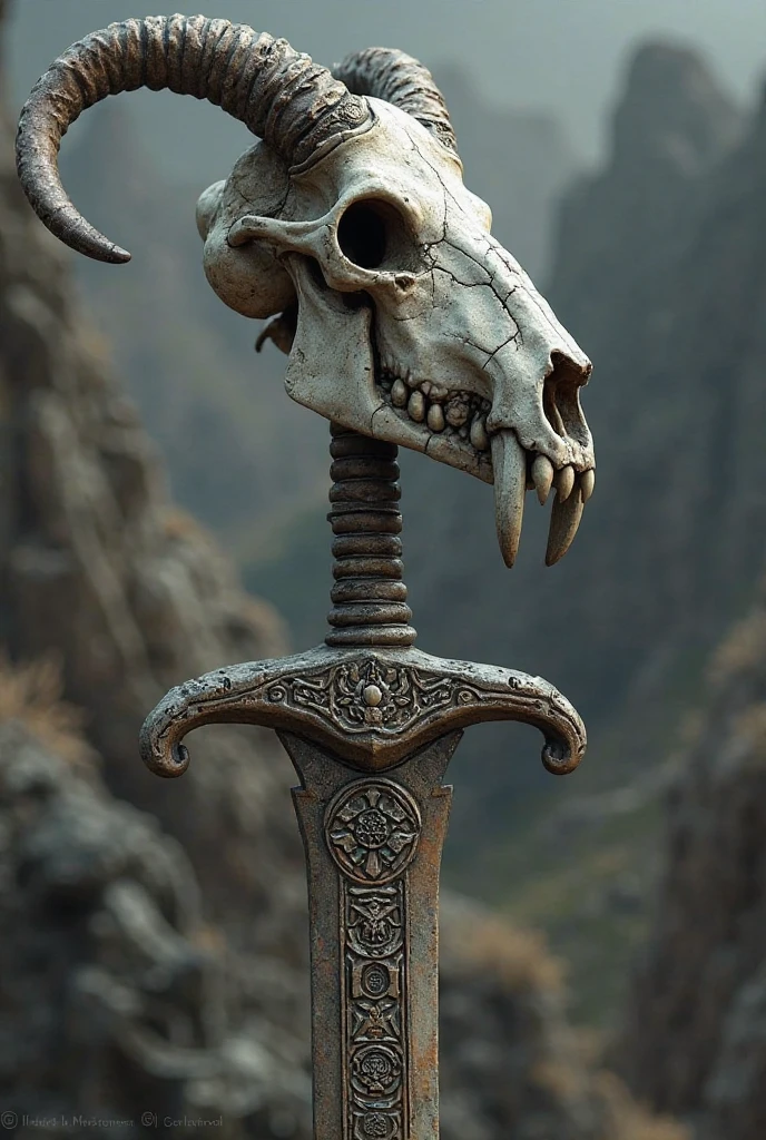 Severed goat skull placed on sword hilt - SeaArt AI