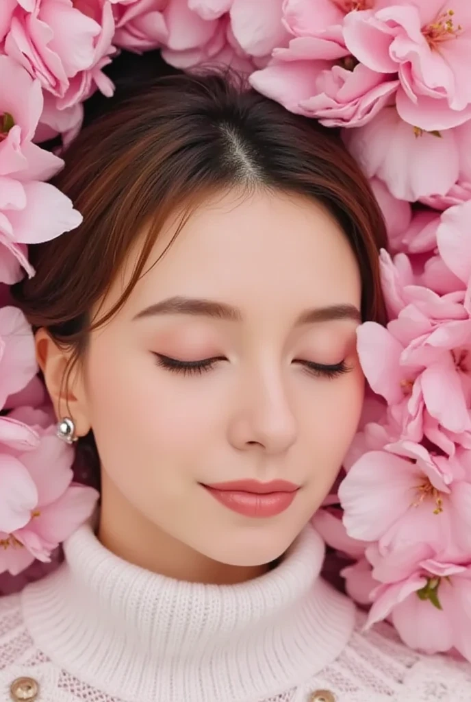 Close up of a beautiful woman's face lying on the ground covered with ...