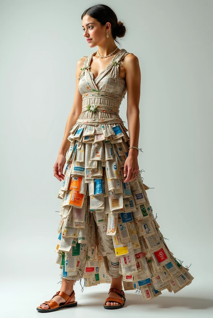 Make a recyclable attire design for a woman aligned with the theme ...