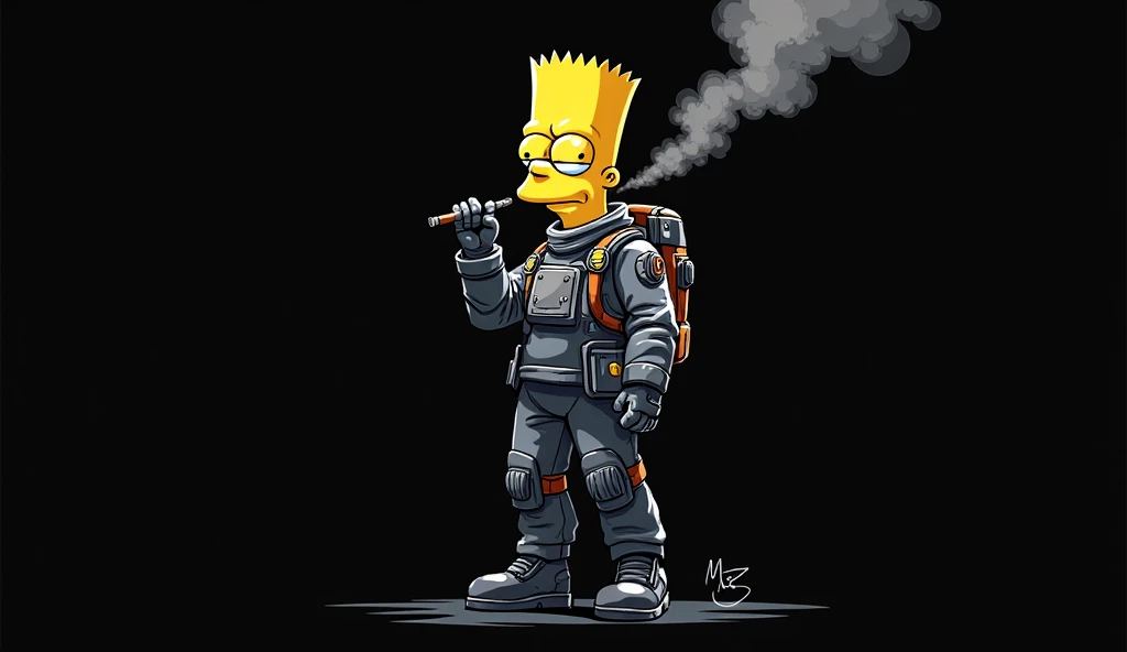 Bart Simpson as futuristic space worker smoking a cigarette, pure black ...