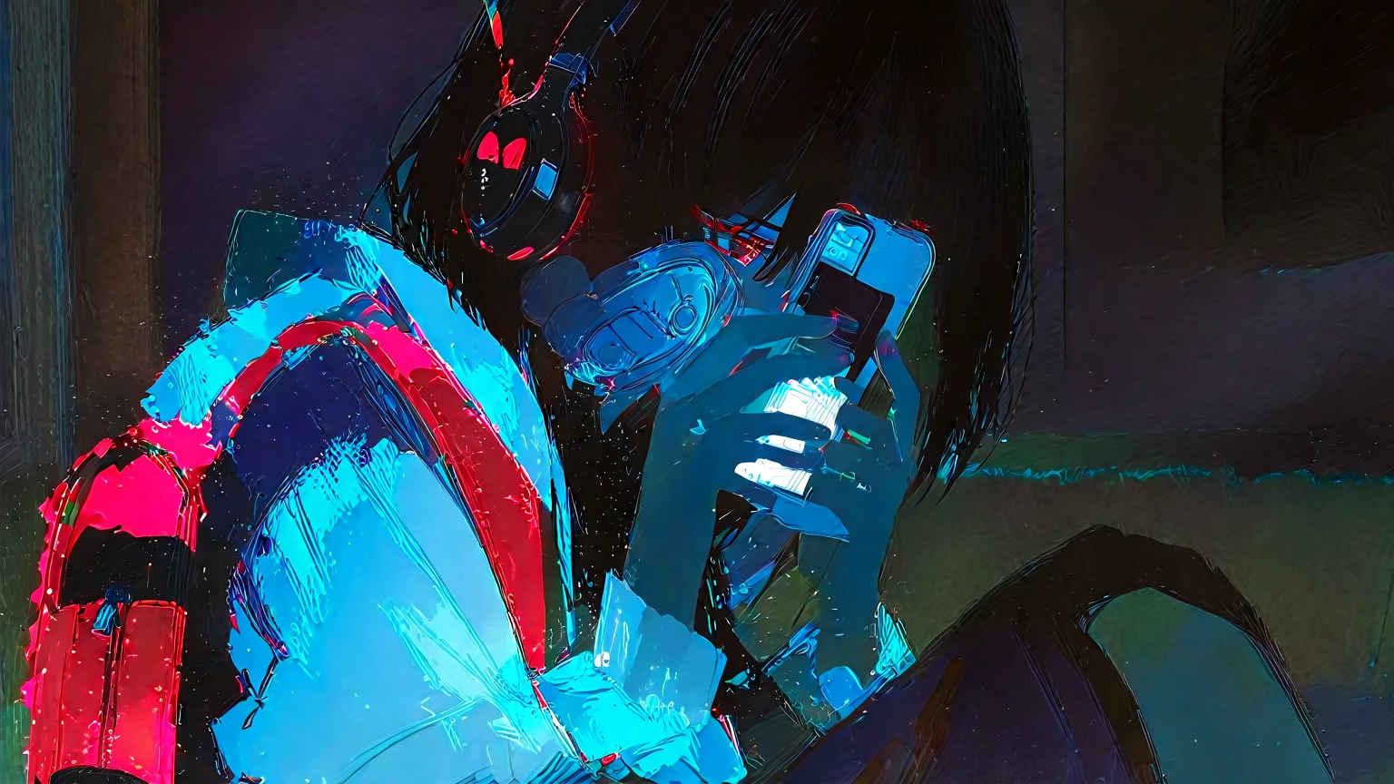 Anime girl with headphones and backpack looking at a cell phone - SeaArt AI