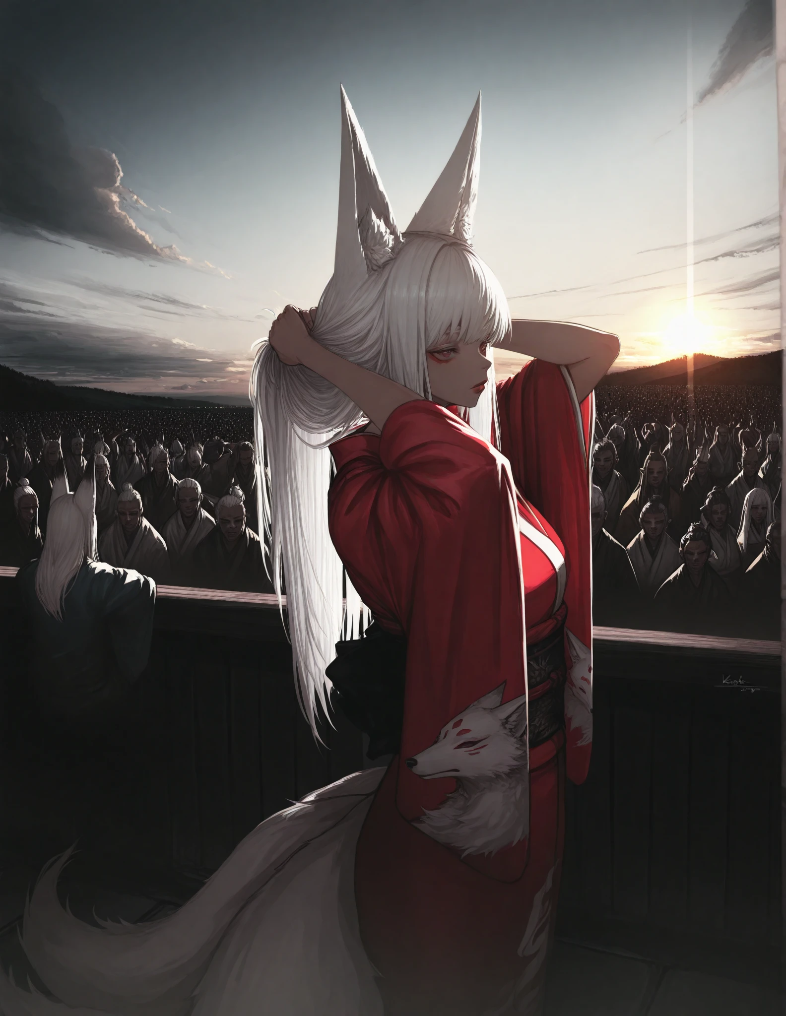 1girl , Ekor Rubah, sky , white hair, long hair, animal ears - SeaArt AI