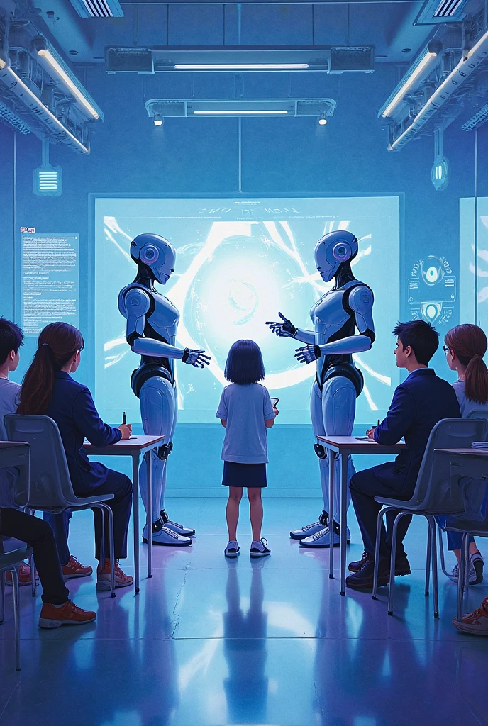 Teacher robots teaching lessons to human students, Let blue-violet ...