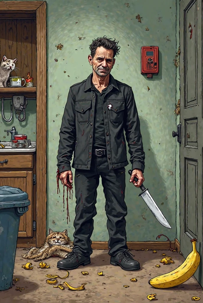 A clumsy and comically incompetent killer in a chaotic scene - SeaArt AI