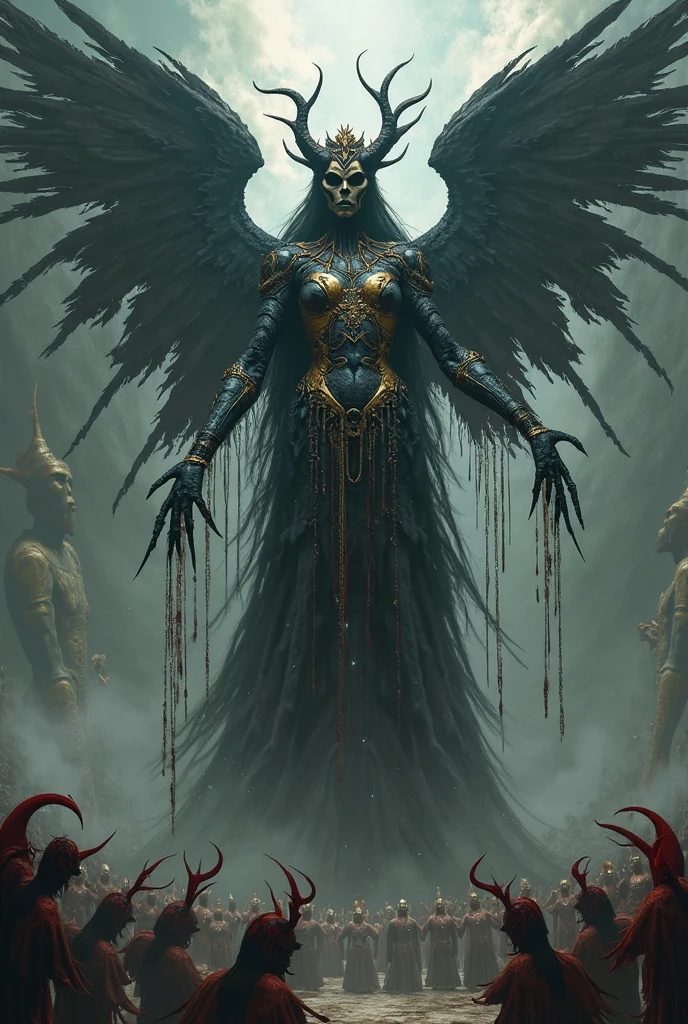 A colossal demonic doll goddess floating in a void, made of obsidian ...