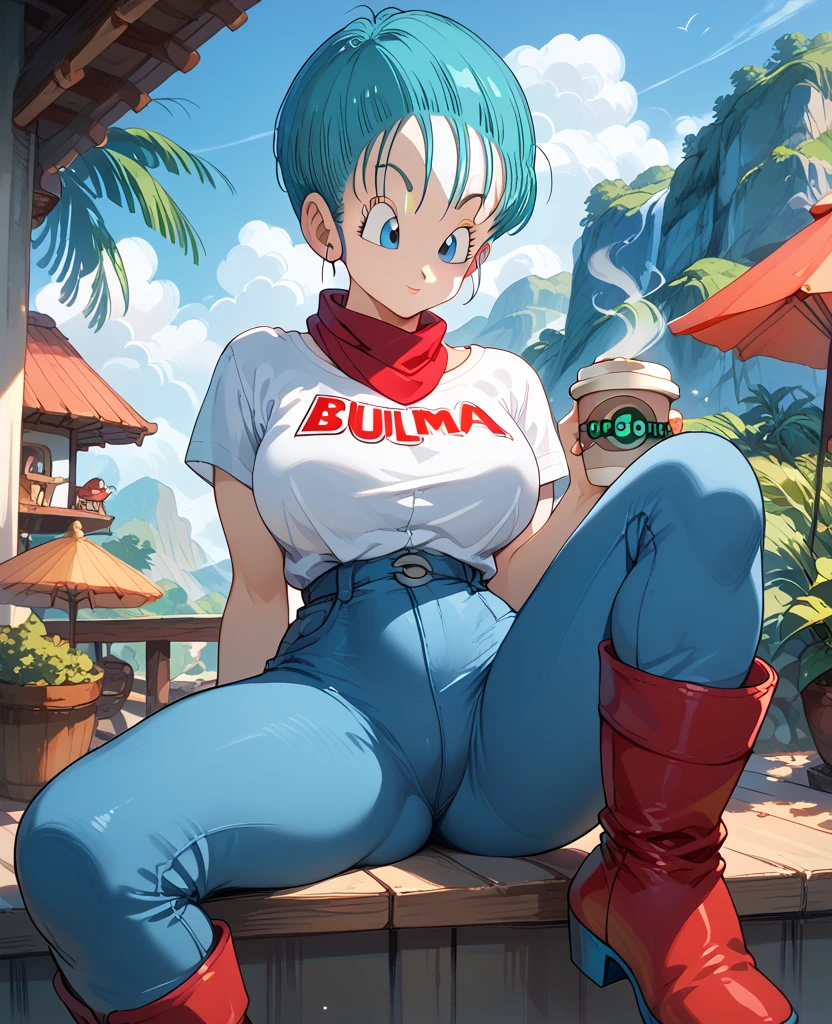 Bulma sexy, Big Breasts , Red neck stole, white shirt, tight blue pants - SeaArt AI