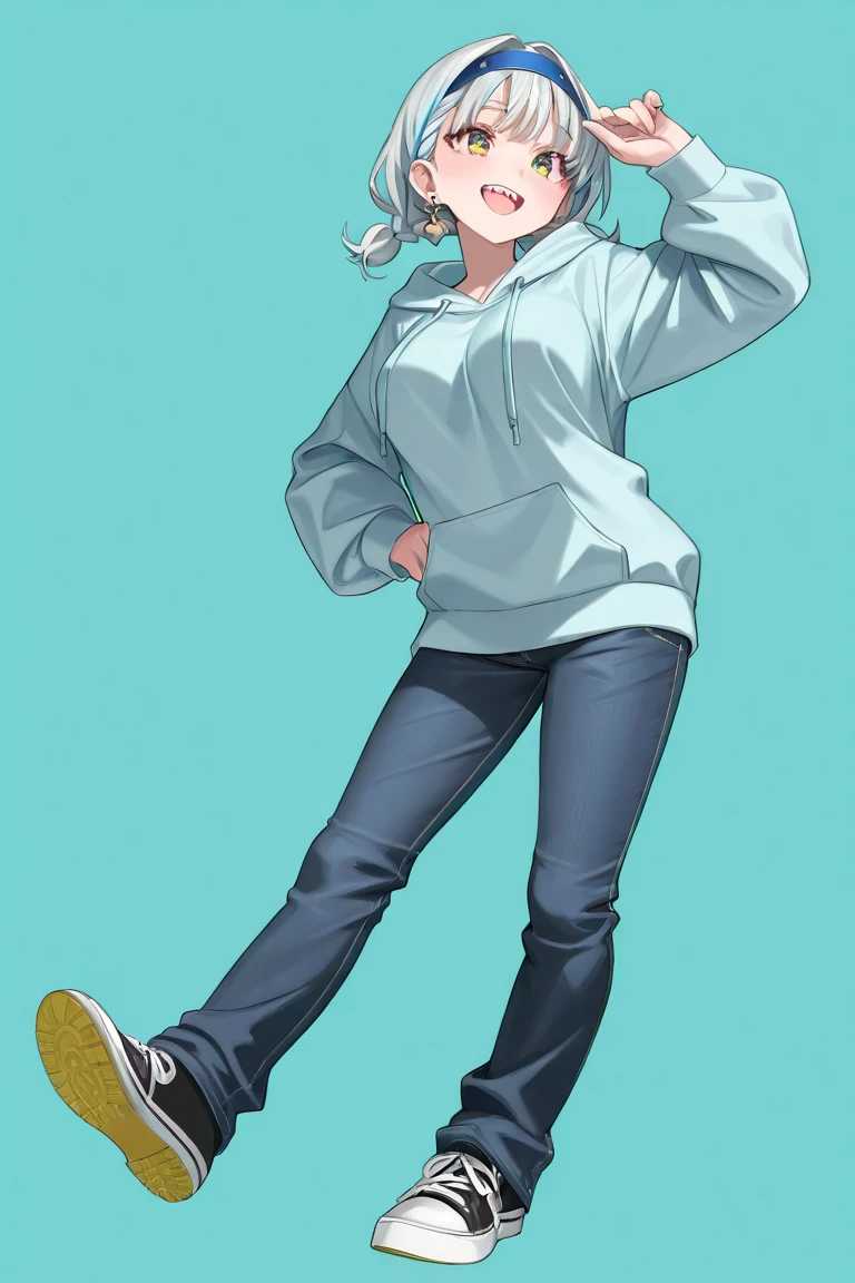 Girl、 Silver Hair、short twintails、side braids、double teeth、medium ...