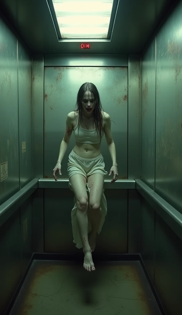 A hyper-realistic, grainy CCTV footage from an old building’s elevator - SeaArt AI