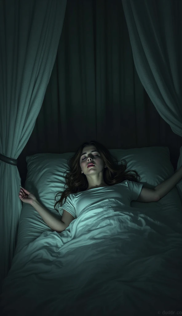 Woman in bed at night, eyes closed tightly, dark room, sinister shadow ...