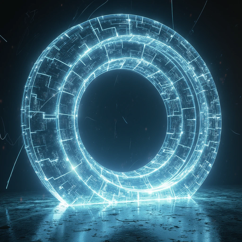 Dimensional crystal portal, A translucent glass arc with lines of light ...