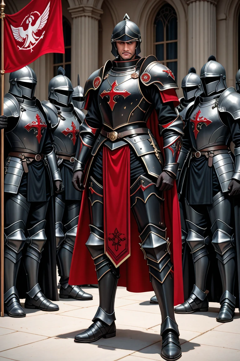 A gallant war commander with a minimalist battle helmet, standing fully ...