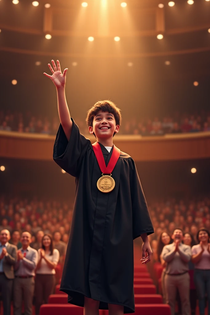 Student graduating and holding a medal on stage with parents - SeaArt AI