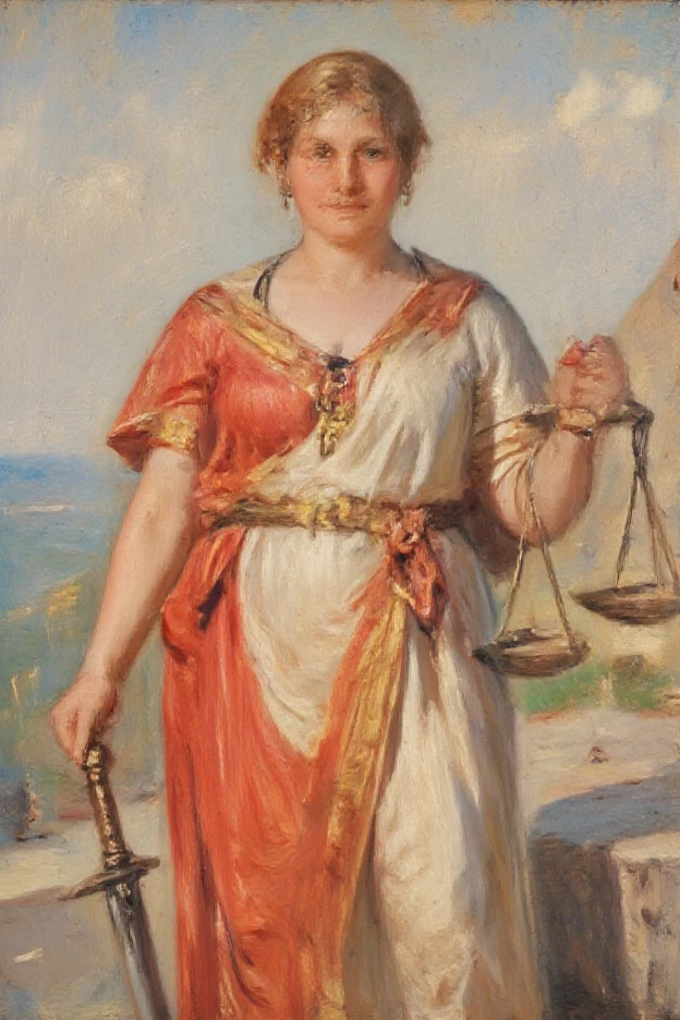 Expressionist oil painting 50 years old goddess of justice zolot with a ...