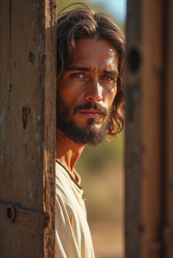 Jesus behind a door, as if he wanted to enter, staring intently at the ...