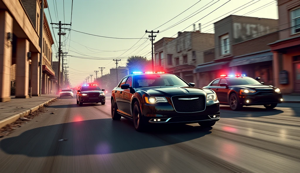 3 police cars chasing black Chrysler 300c at high speed on the ...