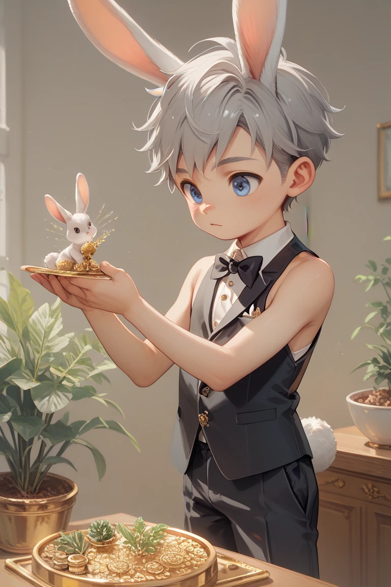 1 men, ((boy)), rabbit boy, rabbit tail, Gray Hair, pretty boy - SeaArt AI