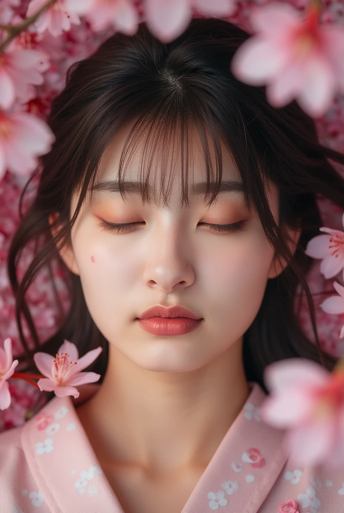Close up of a beautiful woman's face lying on the ground covered with ...