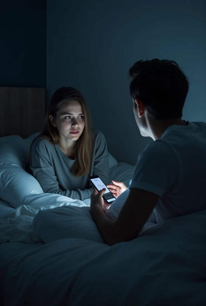 A young woman, alone in her bed in a modern room with dim lights ...