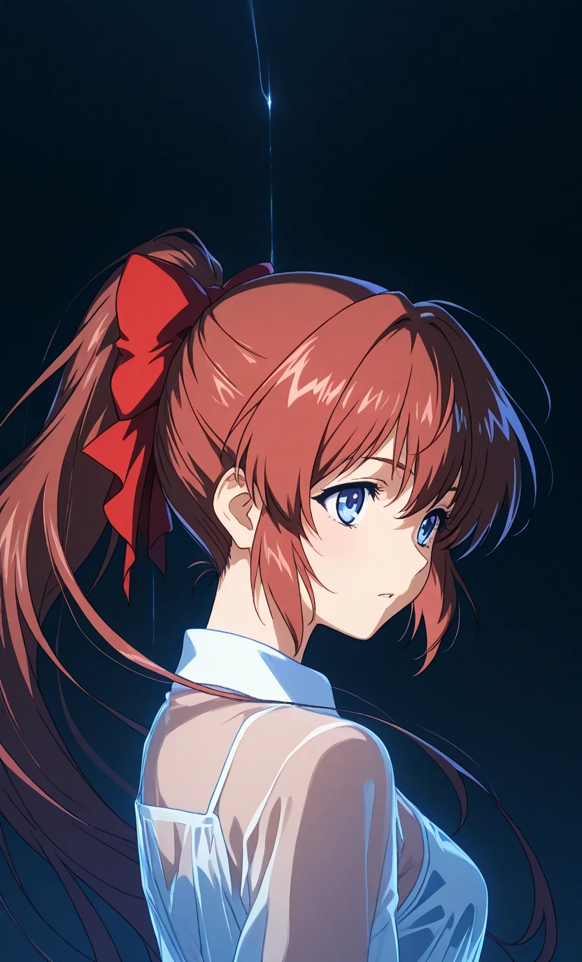 One girl on her back, Aoi Kanzaki brown hair ponytail red hair bow - SeaArt AI