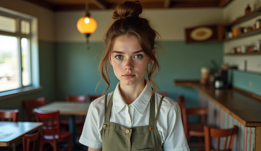 A young woman of 24 years old, of wavy brown hair stuck in a Clumsy bun ...