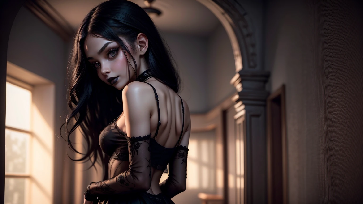 ((1 girl, solo)), ((one goth girl standing with her back toward you - SeaArt AI