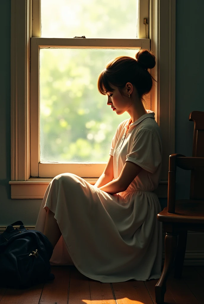 A sits next to the window, lost her brother. A is quietly looking at ...